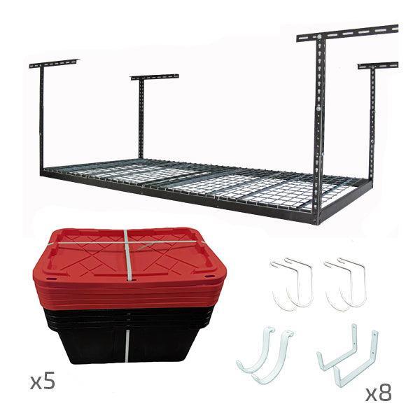 SafeRacks 4ft x 8ft Overhead Garage Storage Rack and Red Storage Bins
